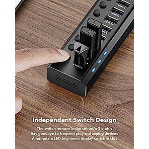 Powered USB Hub 3.0 ikuai Aluminum 10 Port USB 3.0 Data Hub Splitter with 12V/3A 36W Power Adapter and Individual On/Off Switches for Desktop PC Laptop and More