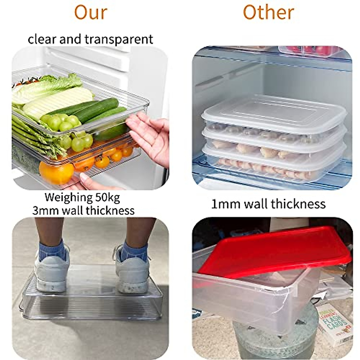 vacane 2 Pack Refrigerator Organizer Bins,Food Storage Container with Lids for Fruit, Vegetables, Bacon Meat Cheese Keeper Marinade Tray, Stackable Freezer Storage Containers