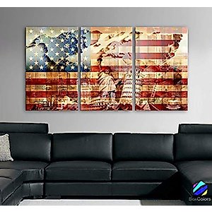 Original by BoxColors Large 30"x 60" 3 Panels 30x20 Ea Art Canvas Print American USA flag Glory Wonders Statue of Liberty Wall decor Home interior (framed 1.5" depth)
