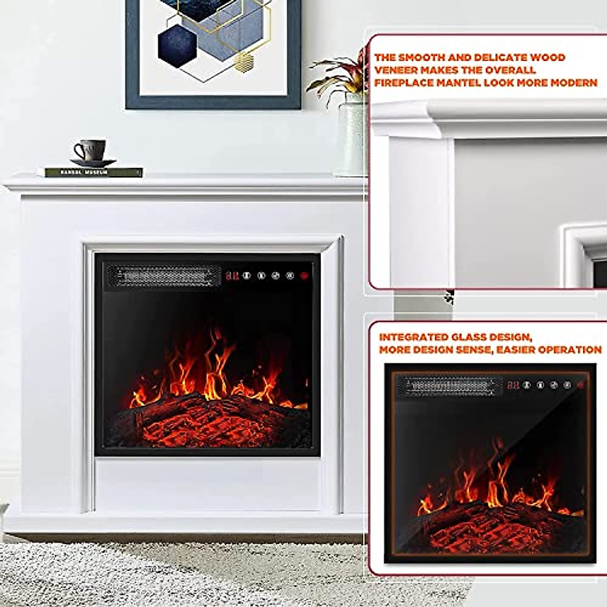 BOSSIN 32" Electric Fireplace Mantel with 18 inch 1500W Electric Fireplace Insert, Package Freestanding Fireplace Heater,White Wooden Firebox Faux Log & Led Flames, Touch Screen &Remote Control