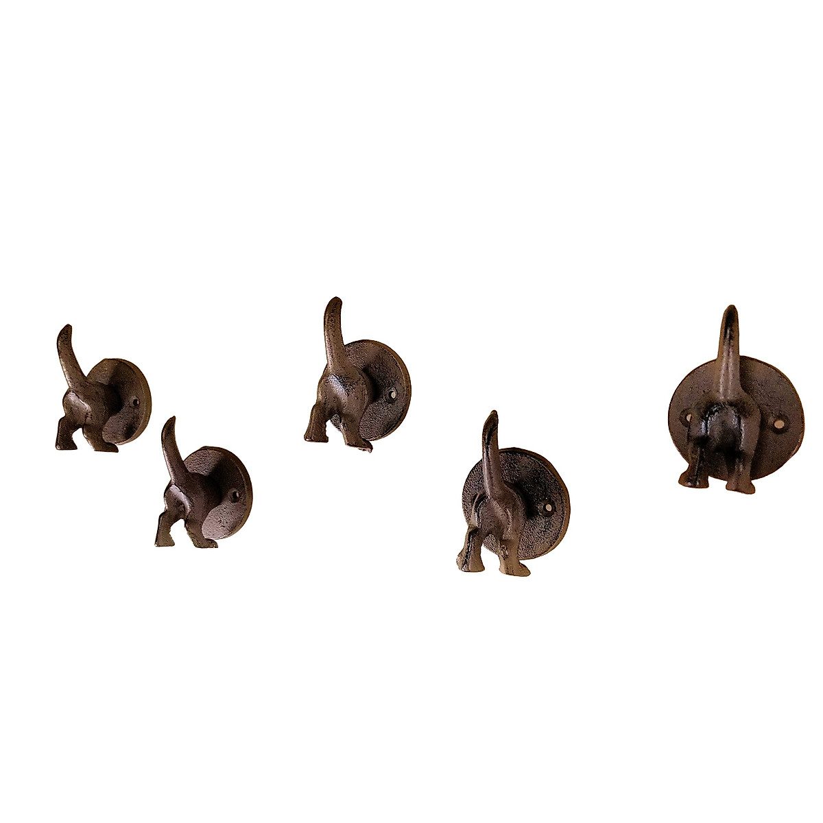 5 pc Dog Tail Wall Hooks Rustic Cast Iron w/Hardware
