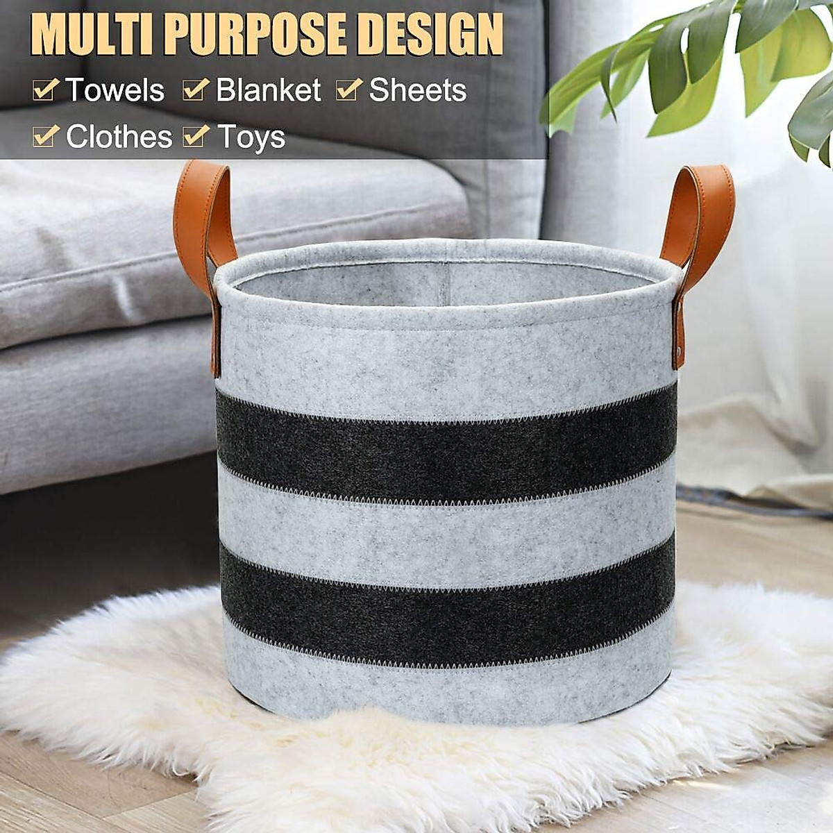 Round Storage Basket Medium Bin Towels Blanket Basket Foldable Laundry Baskets with PU Handles Felt Fabric Bins for Home, Living Room, Bathroom