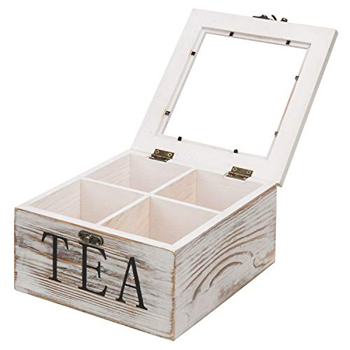 MyGift Shabby Whitewashed Solid Wood Tea Box Organizer with 4 Compartments, Teabag Storage Chest with Clear Acrylic Lid and Latch