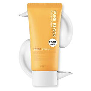 A'PIEU Pure Block Daily Sunscreen Cream SPF45/PA+++ Large Size 3.38 fl oz (100ml) | Non-Greasy No White Cast Reef Safe Korean Sunscreen for Face