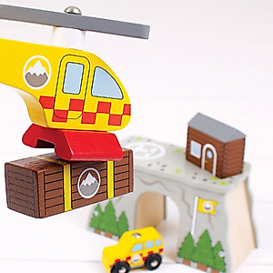Bigjigs Rail Mountain Rescue Playset with Helicopter, Car, Log Cabin & Crate