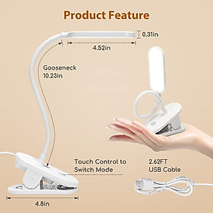 Aigostar Rechargeable Clip on Book Reading Light, Brightness Desk Lamp Touch LED Table Light with 3 Levels Dimmable,Built-in USB Cable,Long Lasting Portable Bed Bedside Clamp Light White