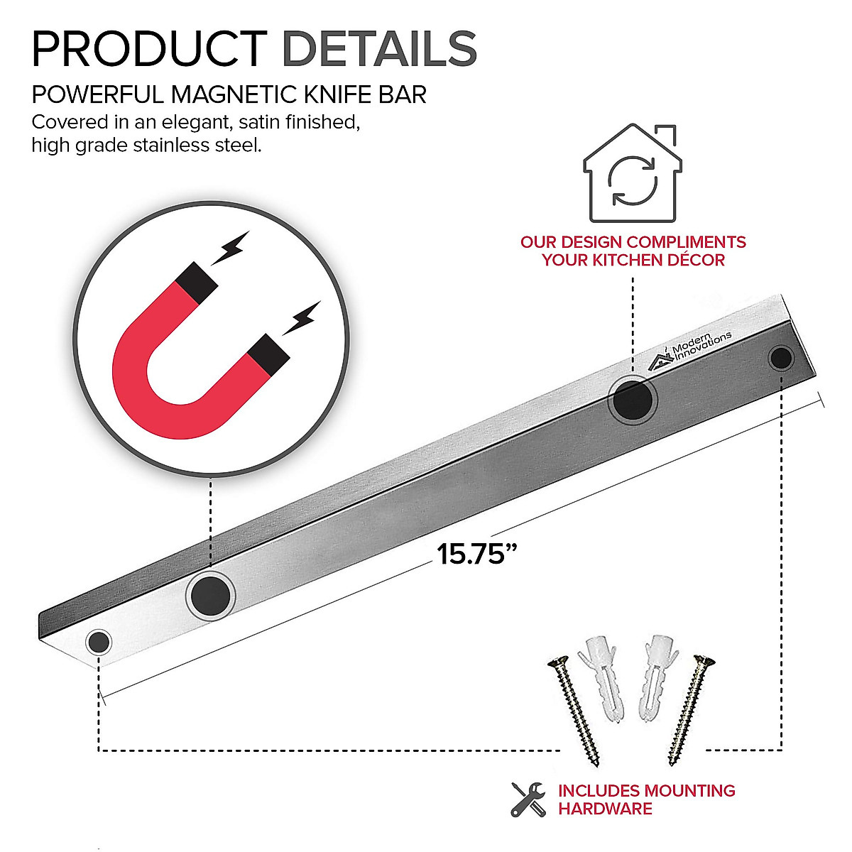 Modern Innovations 16 Inch Stainless Steel Magnetic Knife Bar with Multi-Purpose Functionality as a Knife Holder, Knife Strip, Magnetic Tool Organizer, Art Supply Organizer & Home Organizer