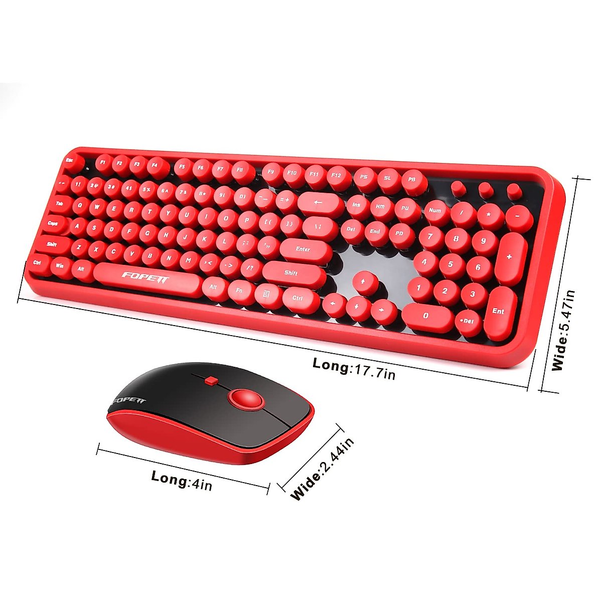 FOPETT Wireless Keyboard and Mouse Combo, 104 Keys Full-Sized 2.4 GHz Round Keycap Colorful Keyboards, USB Receiver Plug and Play, for Windows, Mac, PC, Laptop, Desktop (Black Red)