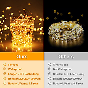 Extra-long 288FT 800LED Solar Fairy String Lights, 4-Pack 72FT 200 LED Outdoor Twinkle Lights Waterproof, 8 Lighting Modes, Warm White Copper Wire Lights for Deck Backyard Tree Garden Fence Pool Party