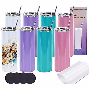 Wzaytia Glitter Sublimation Tumblers 20 Oz Skinny Straight, 8 Pack Sublimation Glitter Shimmer Tumbler Blanks, Individually Boxed Stainless Steel Glitter Tumblers, Mixed Color
