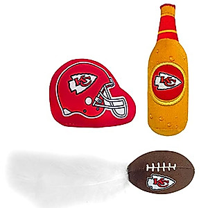 BEST PLUSH CAT TOY: NFL KANSAS CITY CHIEFS Complete Set of 3 piece Cat Toys filled with Fresh Catnip. Includes: 1 Helmet Cat Toy, 1 Football Cat Toy with Feathers & 1 Beer Bottle. Beautiful Team LOGOS