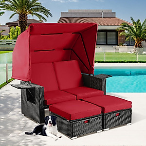 LEISU Outdoor Patio Furniture Sunbed with Retractable Canopy, PE Wicker Rattan Rectangle Sectional Sofa Set Clamshell Sectional Seating with Washable Cushions for Lawn Garden Poolside Backyard (Red)