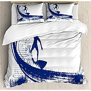 Ambesonne Surfboard Duvet Cover Set, Water Sports Activity Related Weathered Pattern of Pipeline Wave and Surfer, Decorative 3 Piece Bedding Set with 2 Pillow Shams, Queen Size, White Dark Blue