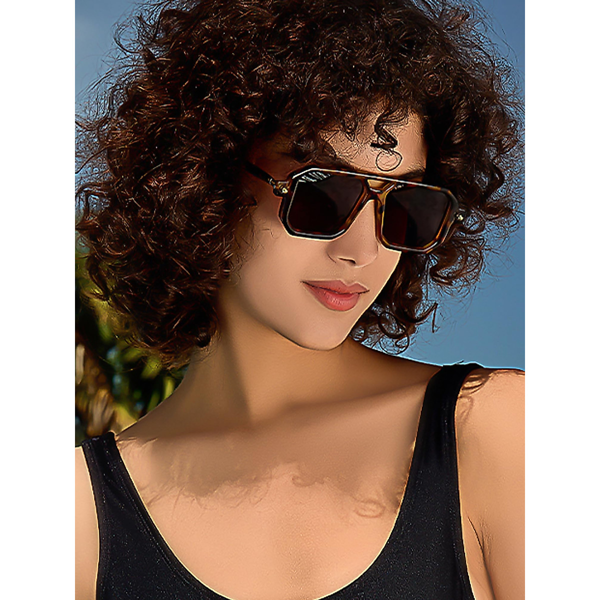 BUTABY Retro Square 70s Flat Aviator Sunglasses Women Men Vintage Trendy Plastic Frame Sun Glasses UV400 Protection Black & Tortoise