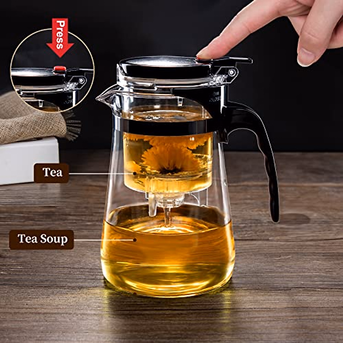 PARACITY Glass Teapot 34 OZ, Brewing Time Controlled with One Button Press to Filter the Tea Soup, Glass Tea Pot with Removable Plastic Infuser, Blooming and Loose Leaf Tea Maker, Borosilicate Blass