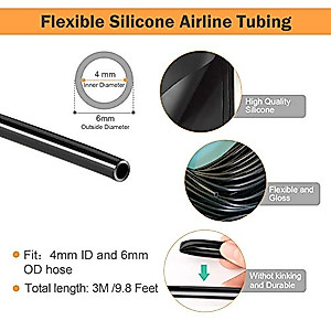 6 Units Adjustable Aquarium Micro Valve air Control Barb Hose Connector and 118 inch Black Aquarium Soft Silicone Airline tubing Hose