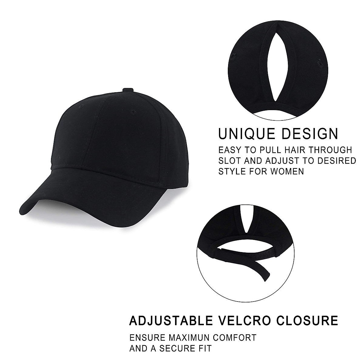 Muryobao Womens Ponytail Baseball Cap Messy High Bun Ponycap Adjustable Snapback Summer Sun Hat Plain Trucker Dad Hat Cotton Black