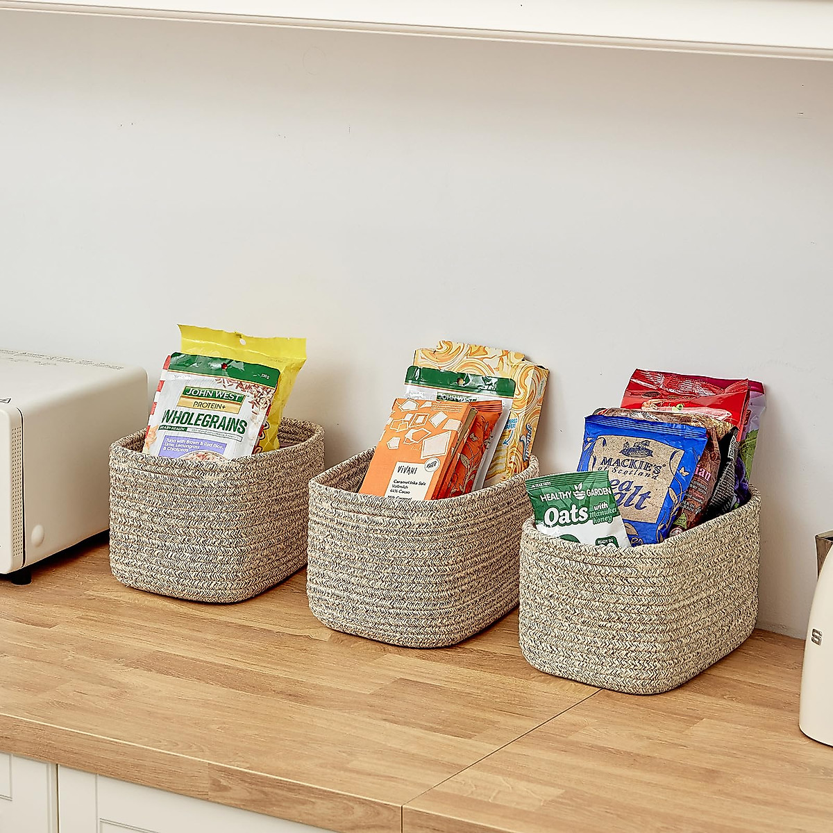 R RUNKA Small Cotton Rope Storage Basket Set of 3-11"x7"x7" Perfect Woven Baskets for Storage, Ideal Storage Baskets for Organizing Toys, Towels, and More - Baskets for Shelves and Home Decor（Beige）