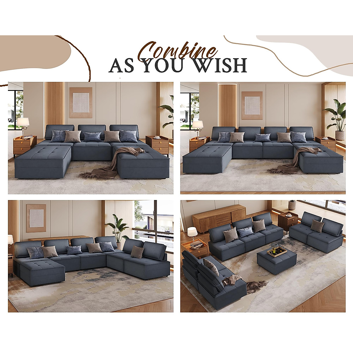 PaPaJet Sectional Sofa, 6 Seater Modular Sectional Couch- Convertible U Shaped Sectional Sofa Couch, 32" Seat Depth Oversized Couch for Living Room, Office (Velvet,Grey)