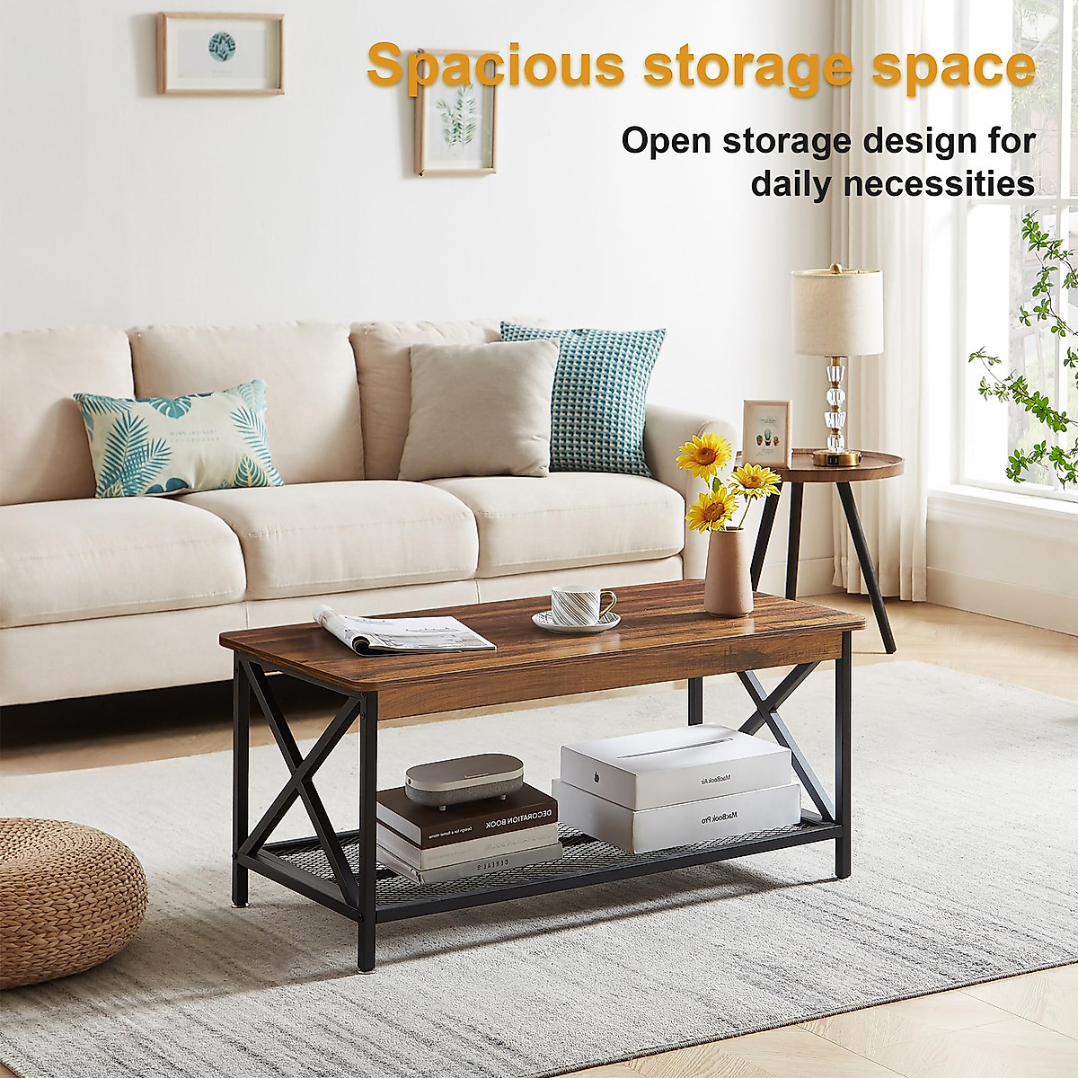 VECELO Coffee Table with 2-Tier Storage Shelf X-Frame for Living Room Office Industrial Style, Easy Assembly, Brown
