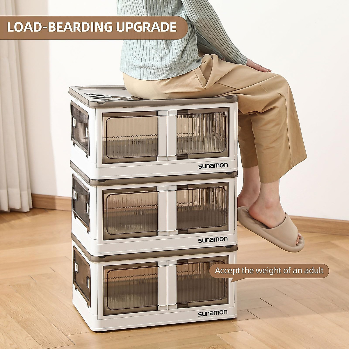 sunamon Storage Bins with Lids, Plastic Storage Bins with 5 Doors, 36Gal Closet Organizers and Storage Stackable Storage Bins Open Front Folding Storage Containers Bins, 4 Pack