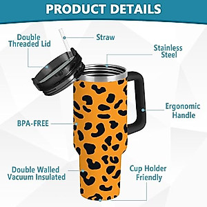 Flradish 30oz Tumbler with Handle, Orange Leopard Print Stainless Steel Tumbler with Lid and Straws Double Wall Vacuum Insulated Leakproof Coffee Travel Mug
