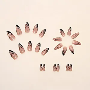 24 PCS French Tip Press on Nails Medium Almond Shape False Nails Gold Glitter Full Cover False Nails with Black Gold Line Star Design Artificial Fingernails for Women Girls Acrylic Manicure Decoration