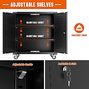 SUPEER Metal Storage Cabinet with Wheels,Rolling Storage Cabinet with 2 Doors and Adjustable Shelves,Suitable for Garage,Home,Office,Gym,School-Assembly Required,Black