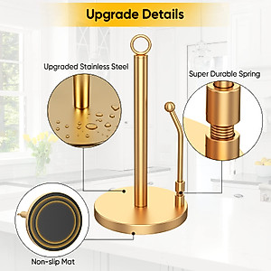 Paper Towel Holder Stainless Steel - One Hand Tear Paper Towel Dispenser Standing Weighted Base Non Slip, Spring Arm, Stainless Steel Paper Towel fits in Kitchen Bathroom Countertop (Gold)