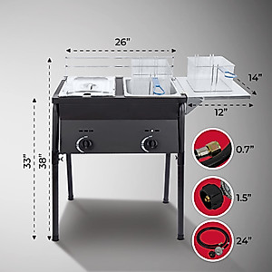 KEEKR Two Tank Outdoor Black Deep Fryer | Propane Deep Fryer Propane with 2 Stainless Steel Basket & Lid Covers | Large Oil Tank Capacity with Regulating Knobs