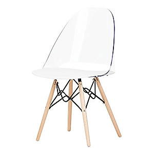 South Shore Annexe Mid-Century Modern Eiffel Office Chair, Wooden Legs, Clear and White 19.5D x 16.25W x 32.5H in