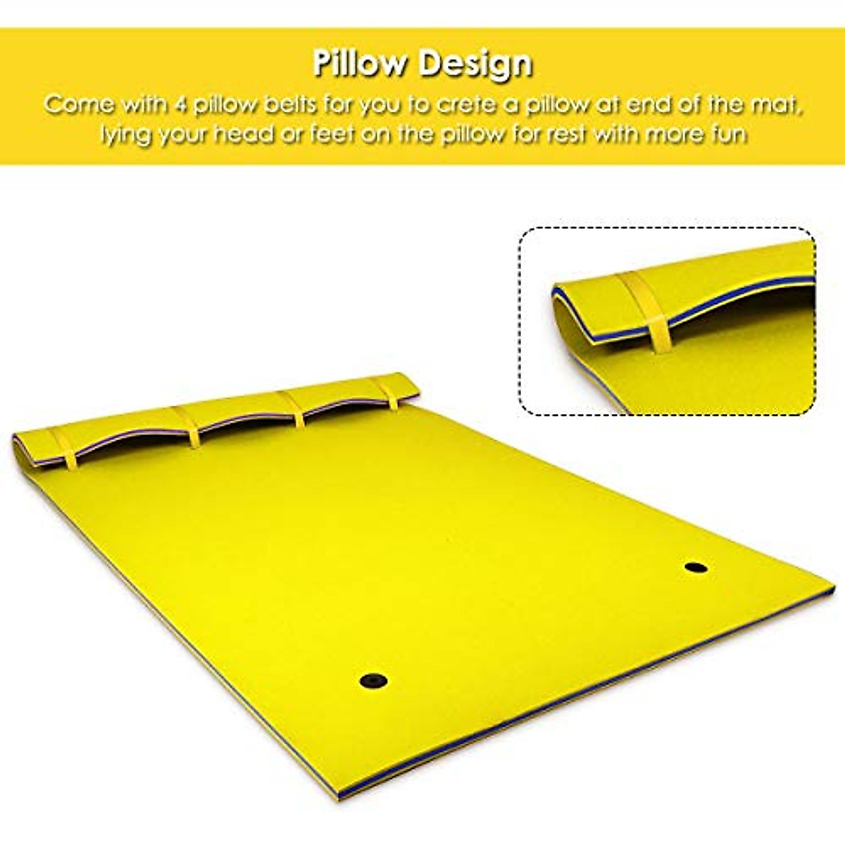 GYMAX Floating Water Pad, 9'/18' x 6' Water Foam Mat with Rolling Pillow, 3-Layer Floating Island for Pool River Lake Beach Ocean Water Activities (Yellow, 9 Feet)