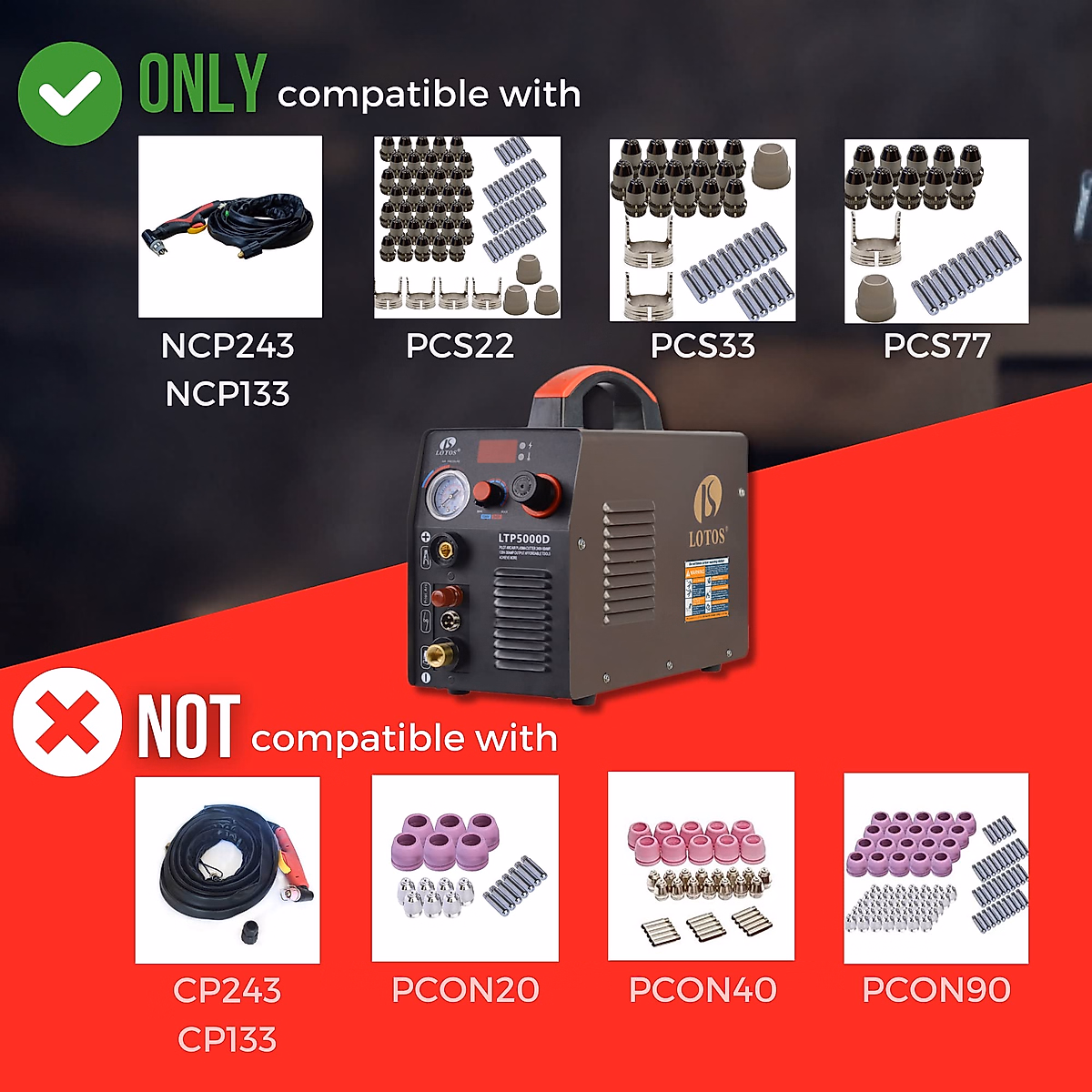 LOTOS LTP5000D Plasma Cutter, 2024 Upgraded 5/8" 16mm Clean Cut 3/4" 20mm Severance Cut 50A Non-Touch Pilot Arc Plasma Metal Cutter Machine, Plasma Cutting Equipment, Dual Voltage 120V or 240V, Brown
