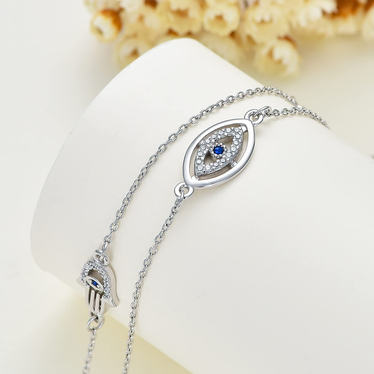 VONALA Sterling Silver Bracelets Claddagh/Celtic Knot/Cross/Evil Eye/Butterfly/Ladybug/Paw Print/Heart/Flower/Stethoscope Charm Link Chain Layered Bracelet Jewelry Gifts for Women (Evil Eye)