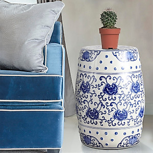 JONATHAN Y TBL1000A Lotus Flower 17.8" Chinoiserie Ceramic Drum Garden Stool Bohemian, Coastal, Classic, Cottage, French Country, Traditional, Transitional, Bathroom, Garden Room, Patio, Blue/White
