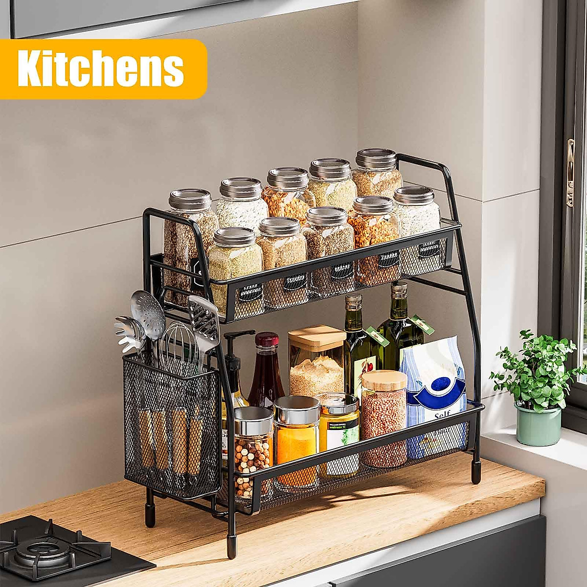 Famhap Bathroom Counter Organizer, Bathroom Organizer Countertop with Side Basket, Kitchen Countertop Organizer, Metal Spice Rack Organizer, Black 13.8"x7"x12.6"
