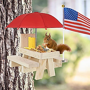 Squirrel Feeder, MEIXINZHI Wooden Squirrel Feeders for Outside with Umbrella, Flag, Corn Cob Holder, Solid Structure; Squirrel Picnic Table Feeder are a Gift for Squirrel and Chipmunk Lovers