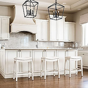 Maven Lane Adrien 26 Inch Counter Height Upholstered Backless Saddle Barstool in White Oak Finish with Natural Color Fabric Cushion Seat, Set of 2