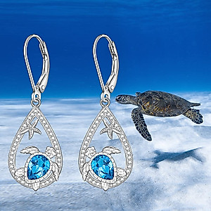 Sea Turtle Earrings for Women Sapphire Jewelry Animal Lover Gifts S925 Sterling Silver Ocean Zirconia Starfish Hoops Blue Dangle Earrings for Friends Sister Mom