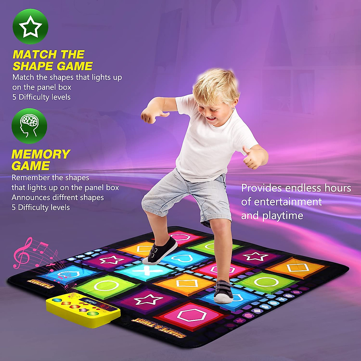 PlayRoute Shape & Twist Dance Mat | 3 Fun Educational Shape Games Mat for Kids Ages 4-8 | Electronic Gift Toy for Girls & Boys Ages 4 5 6 7 8 Years Old | Brain & Memory STEM Toy for Kids