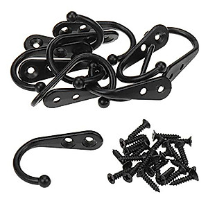 Bitray Wall Mounted Robe Hook Single Coat Hanger, 12PCS Two Hole Coat Hooks Zinc Alloy Antique Hook Single Hook with Screws (1.73" x 1.18", Black)