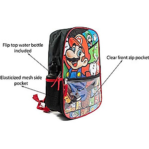 Super Mario Backpack with Lunch Box Set for Boys & Girls, 16 inch, 5 Piece Value Set