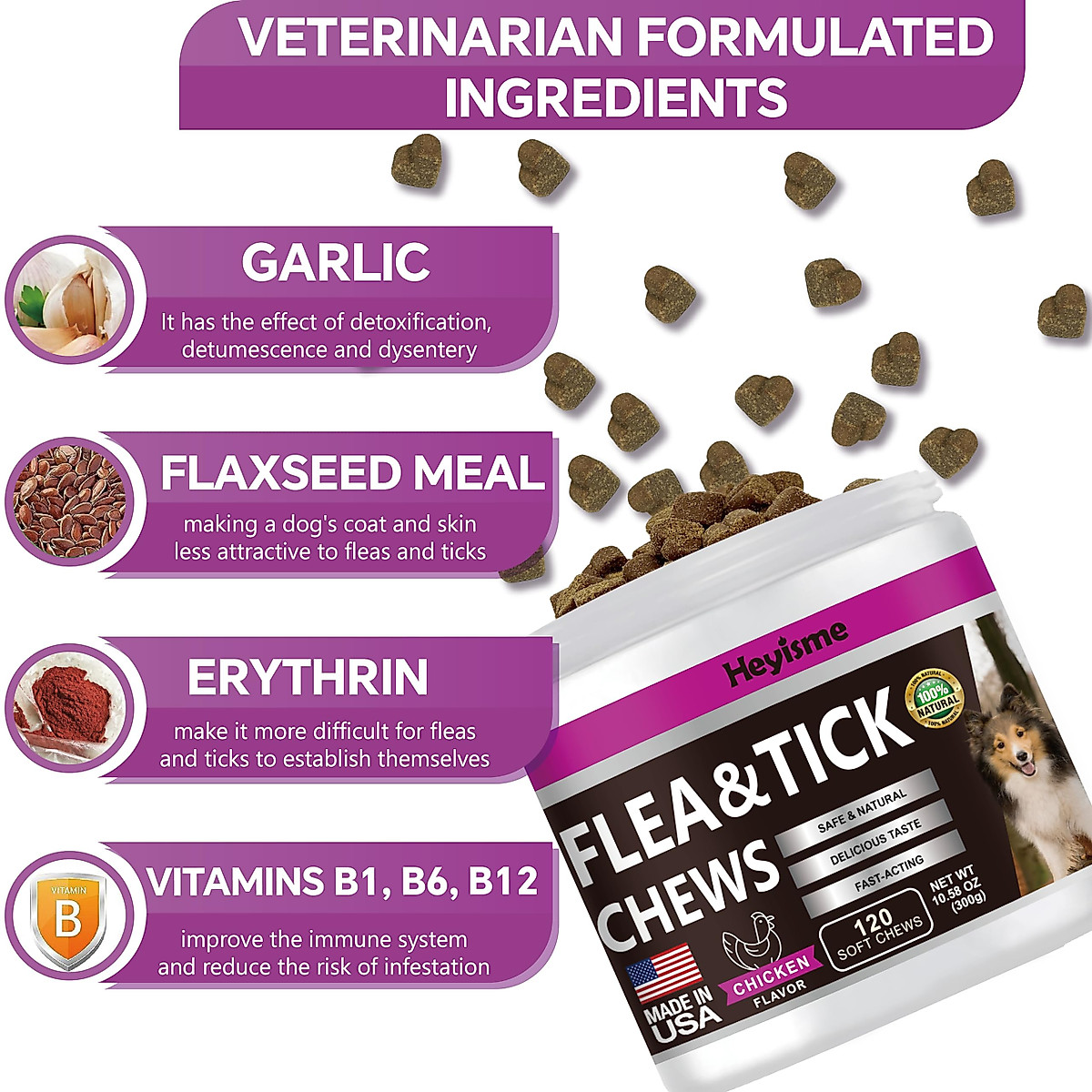 HEYISME Flea and Tick Prevention for Dogs Chewables, Natural Dog Flea and Tick Control Supplement, Flea Treatment for Dogs, Oral Flea and Tick Chews Treats for All Breeds and Ages (Chicken, 120 Chews)
