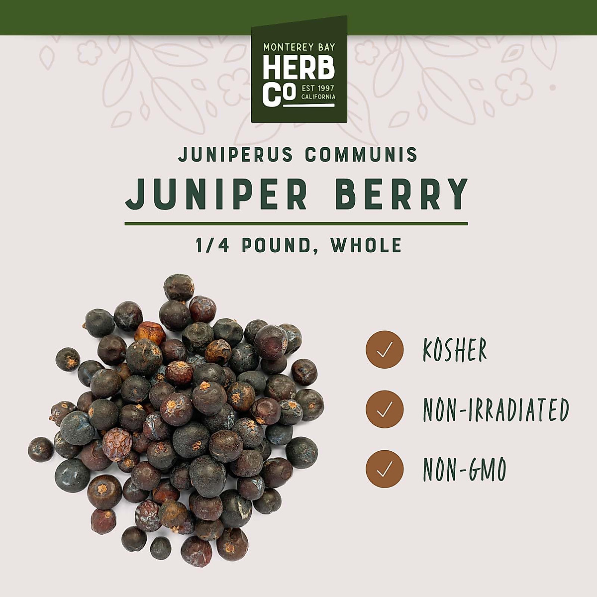 Monterey Bay Herb Co. Whole Juniper Berries | Add to Soups, Braised Meats & Game (1/4 Pound)