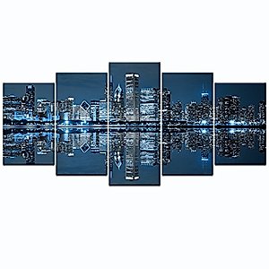 LevvArts - Chicago Downtown at Night Picture Canvas Print - Modern City Wall Art - 5 Panels Framed Artwork for Office Living Room Wall Decoration