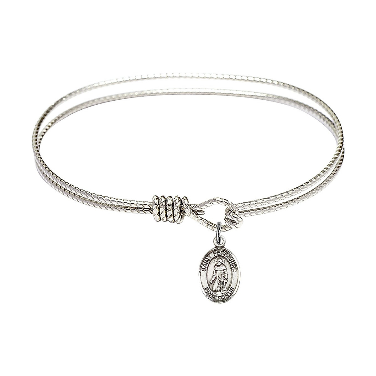 7 1/4 inch Oval Eye Hook Bangle Bracelet w/St. Peregrine Laziosi in Sterling Silver