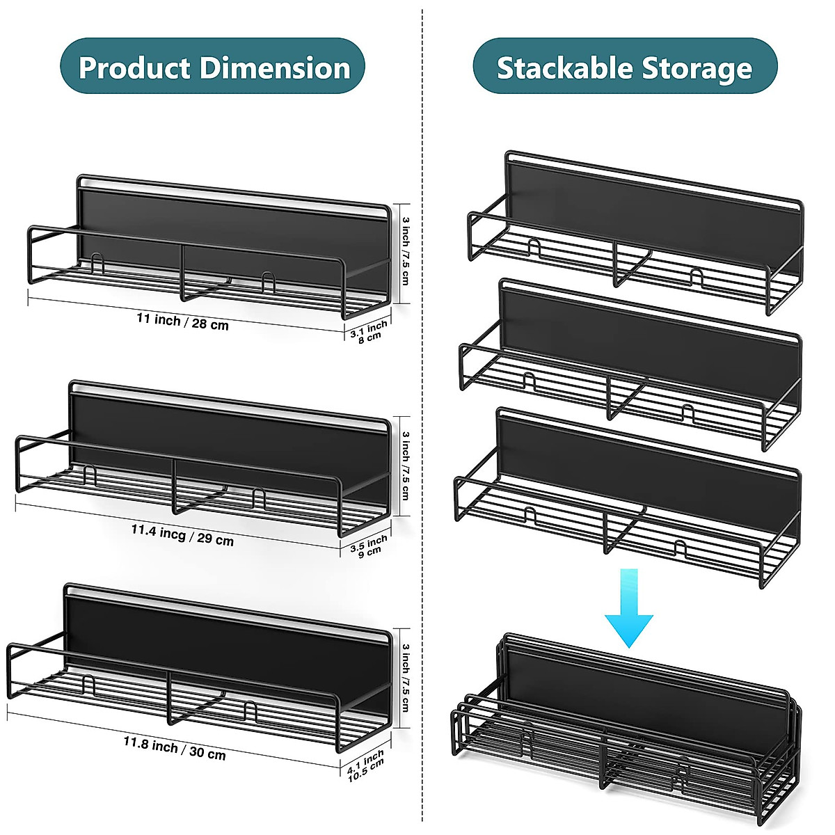 3 Pack Magnetic Spice Rack Organizer for Refrigerator, Moveable Magnetic Shelf, Space Saver for Fridge, Microwave Oven and Metal Cabinet, Magnetic Rack for Holding Spices, Jars, Bottle (Metal Black)