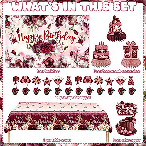 Cocomigo 134pcs Burgundy Birthday Decorations, Women Birthday Decorations Floral Birthday Balloons Arch Backdrop Tablecloth Honeycomb Centerpiece Cake Topper Burgundy Flower Birthday Decoration