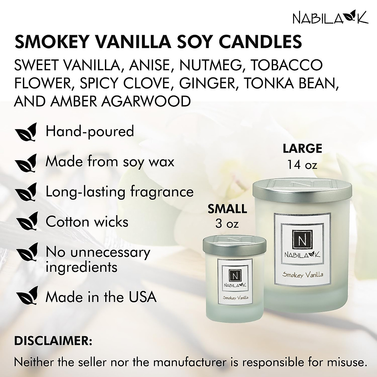 Nabila K – Smokey Vanilla - Soy-Based Candle – Anise, Nutmeg, Spicy Clove, Ginger, Sweet Vanilla, Amber - Hand-Poured - Cotton Wick - Aromatherapy Candle w/Essential Oils - Made in USA - 3 oz