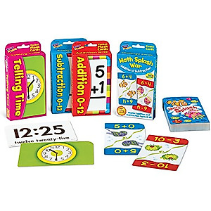 Trend Enterprises: Math Power Pack, 4 Flash Card Set Includes Math Splash War, Addition 0-12, Subtraction 0-12, Telling Time Flash Cards, Self-Checking Design, for Ages 3 and Up